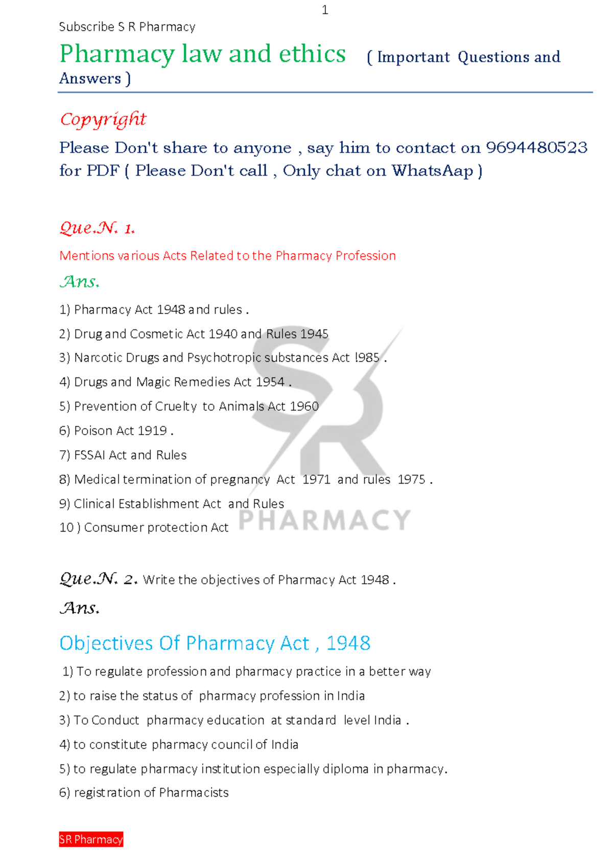 Law and ethics Imp questions d.second yr - Subscribe S R Pharmacy ...