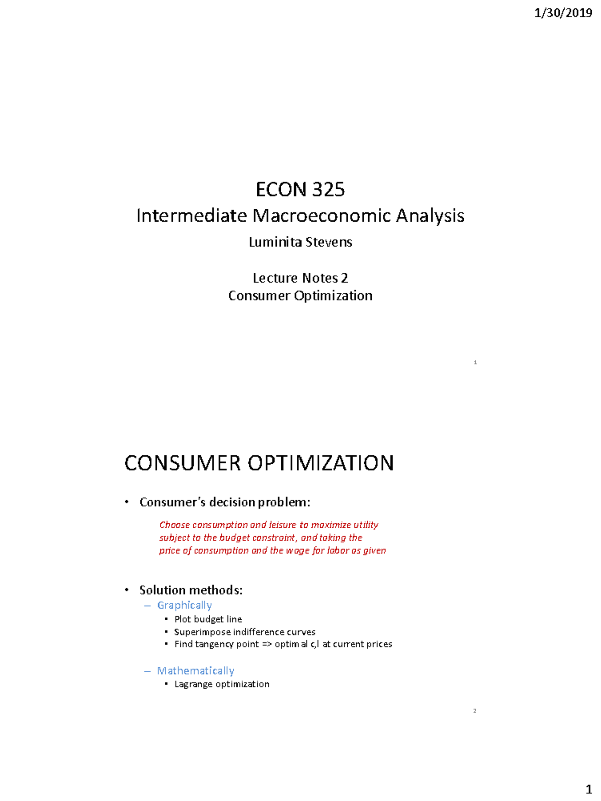 ECON 325 Lecture Notes 02 Consumer Optimization - 1/30/2019 ECON 325 ...