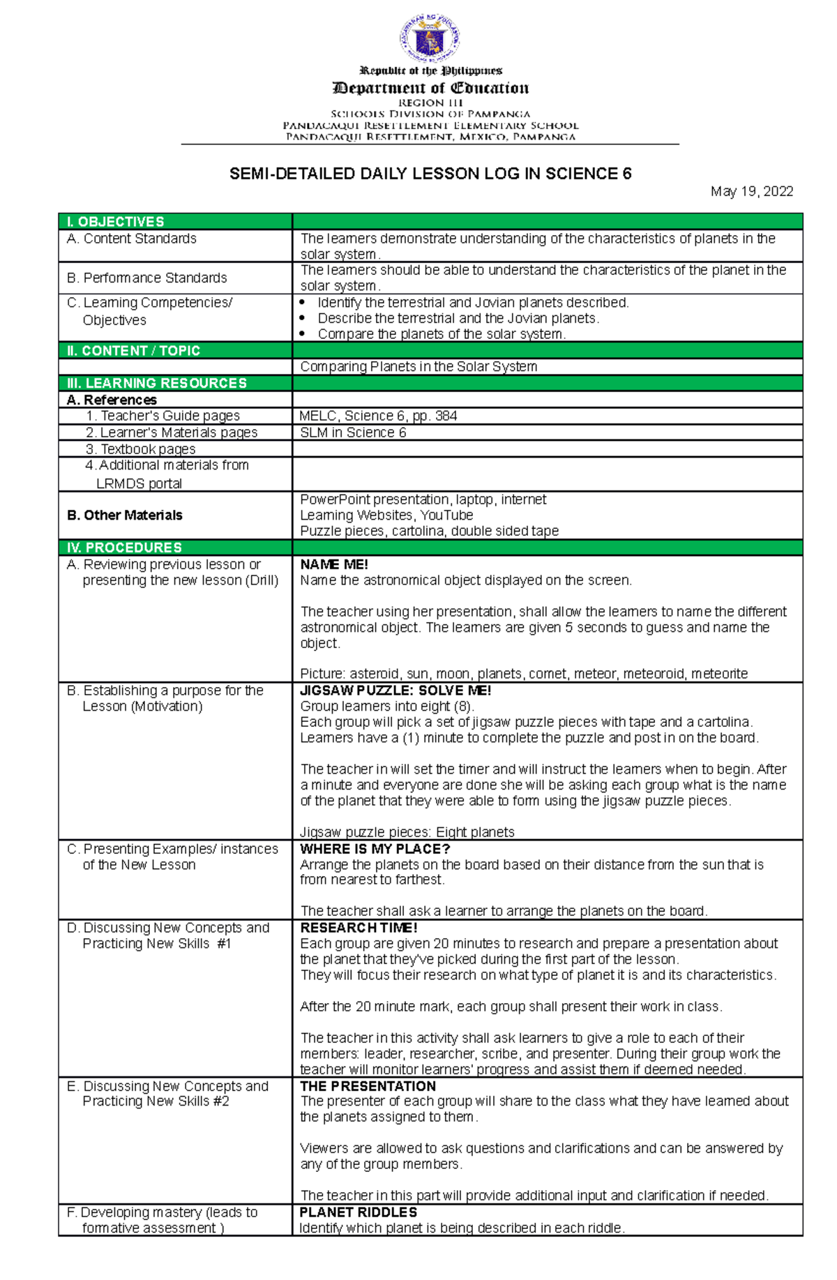 TRF Objective 9 Prompt 2 DLPScience 6 - SEMI-DETAILED DAILY LESSON LOG ...