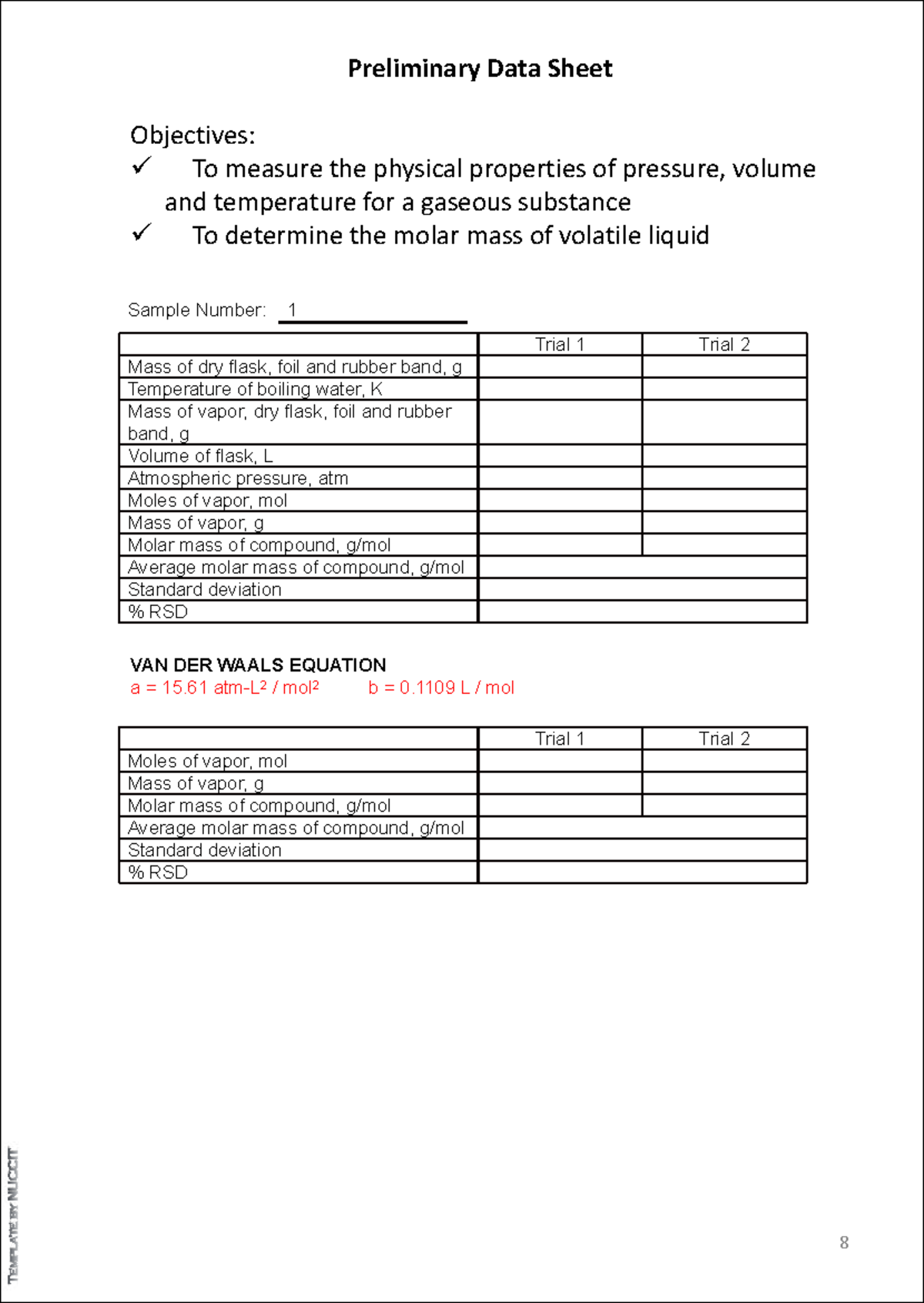 Exp 6 Molecular-Weight-of-an-Unknown-Volatile-Substance - 8 Preliminary ...