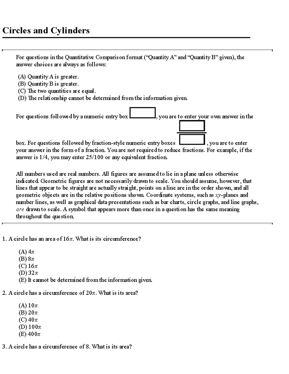 Circles and Cylinders - GRE Practice test - Circles and Cylinders For ...