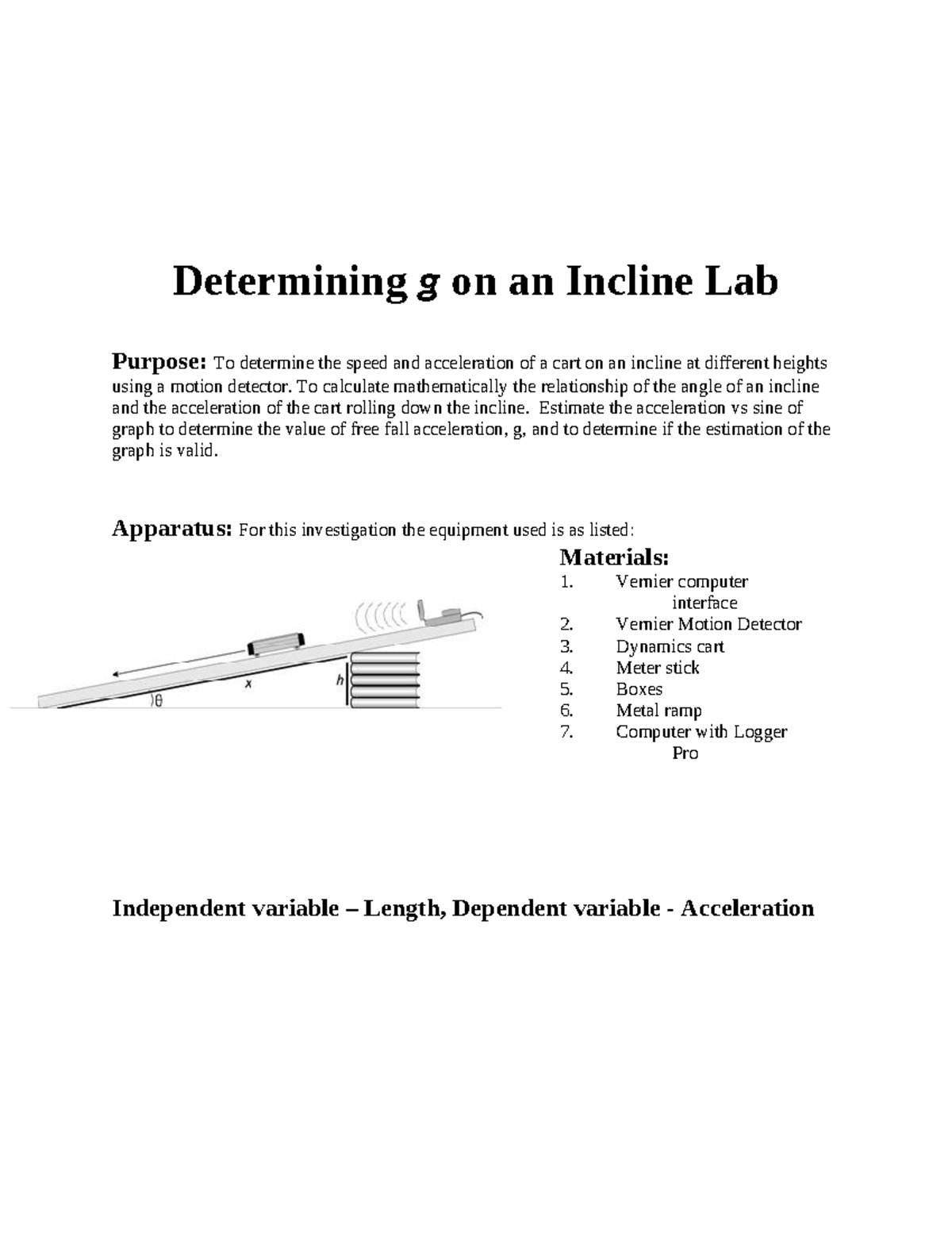 2-4 Incline Lab(1) - of Algebra-based Physics I Lab - Determining g on ...