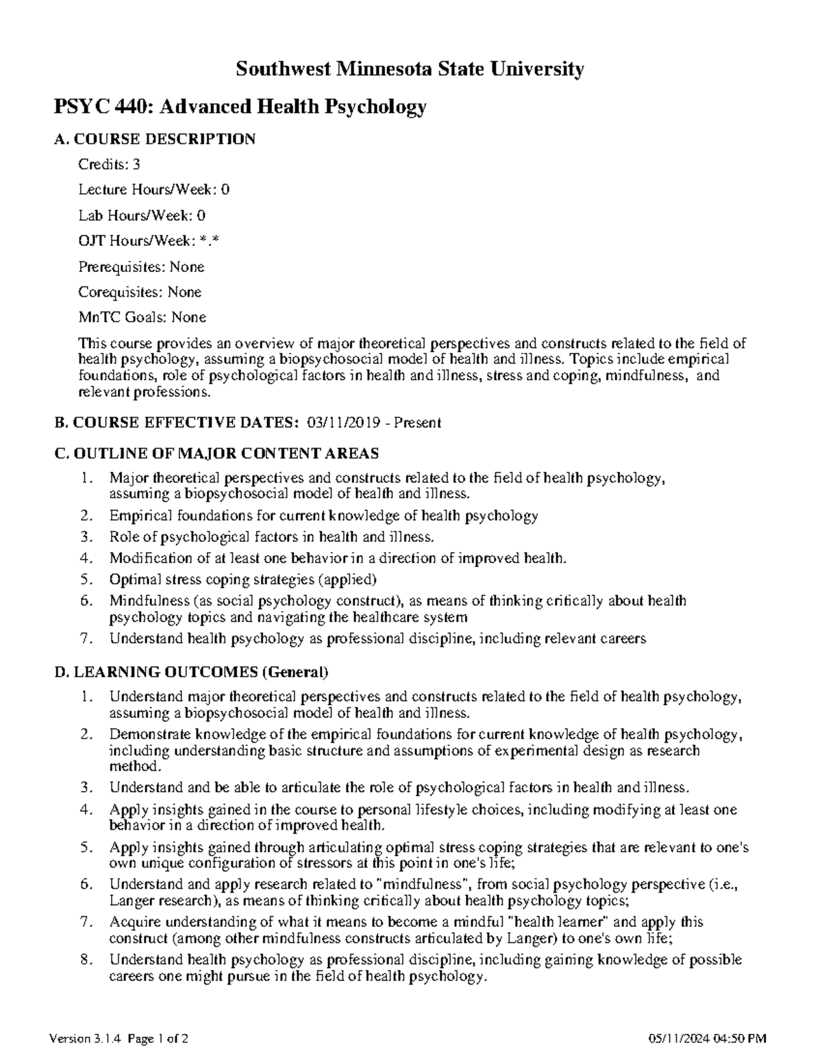 Course Outline - Summary Developmental Psychology - Southwest Minnesota ...