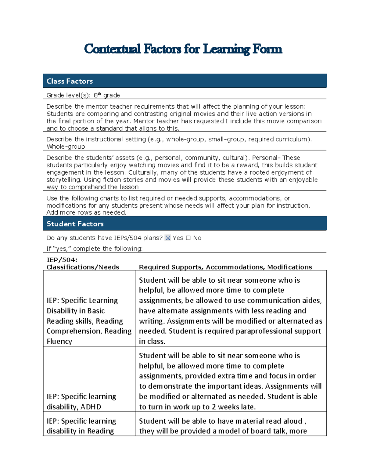 Contextual factors for learning form - Contextual Factors for Learning ...