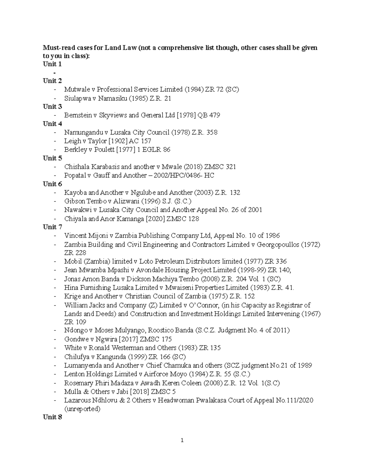 Relevant cases statutes - Must-read cases for Land Law (not a ...