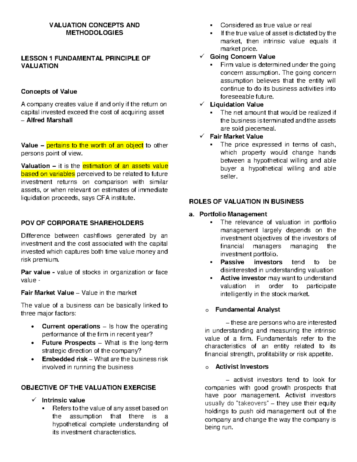 Valuation Concepts AND Methodologies - VALUATION CONCEPTS AND METHODOLOGIES LESSON 1 FUNDAMENTAL ...