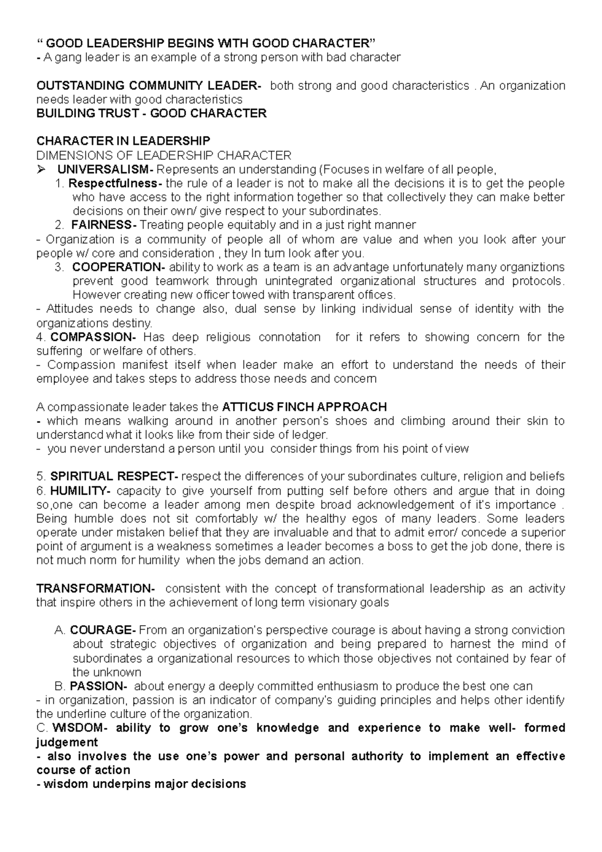 Character formation academic year 2019 - “ GOOD LEADERSHIP BEGINS WITH ...