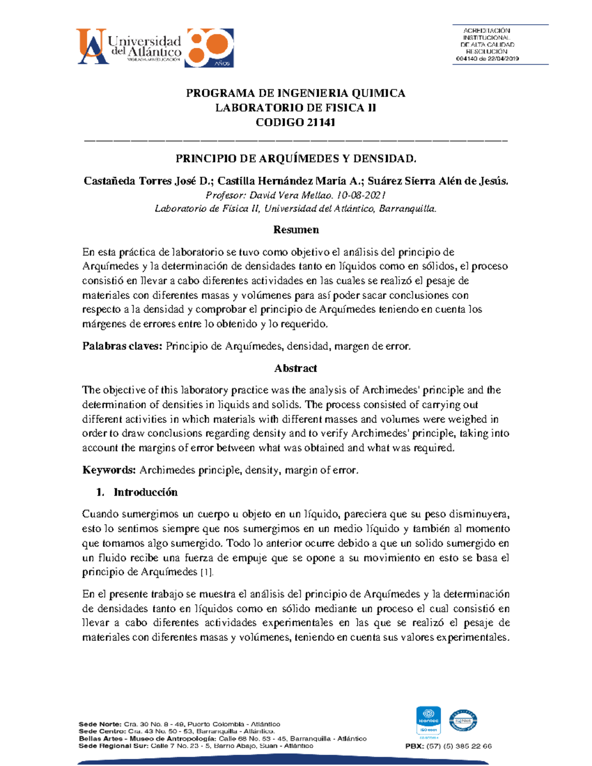 Informe DE LAB. Densidades 10-08-2021 - PROGRAMA DE INGENIERIA QUIMICA LABORATORIO DE FISICA II ...