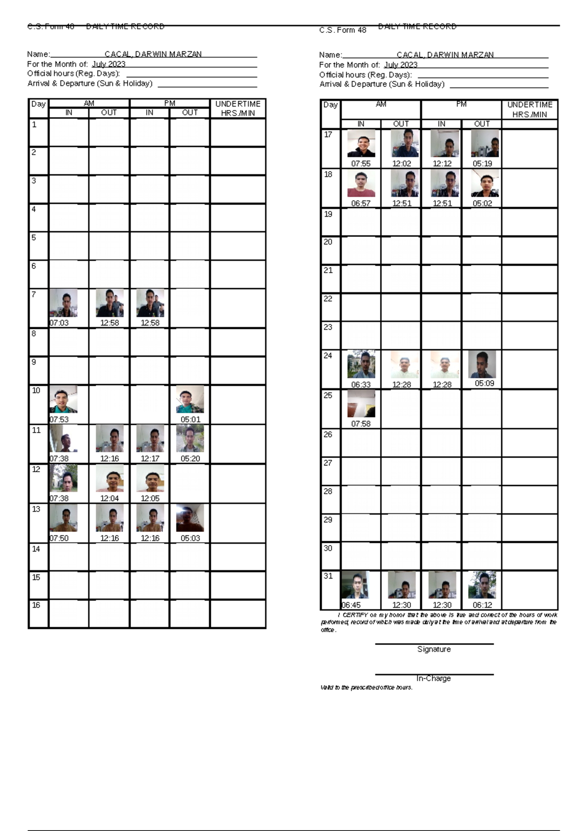 July with pic - 123 - C. Form 48 DAILY TIME RECORD C. Form 48 DAILY ...