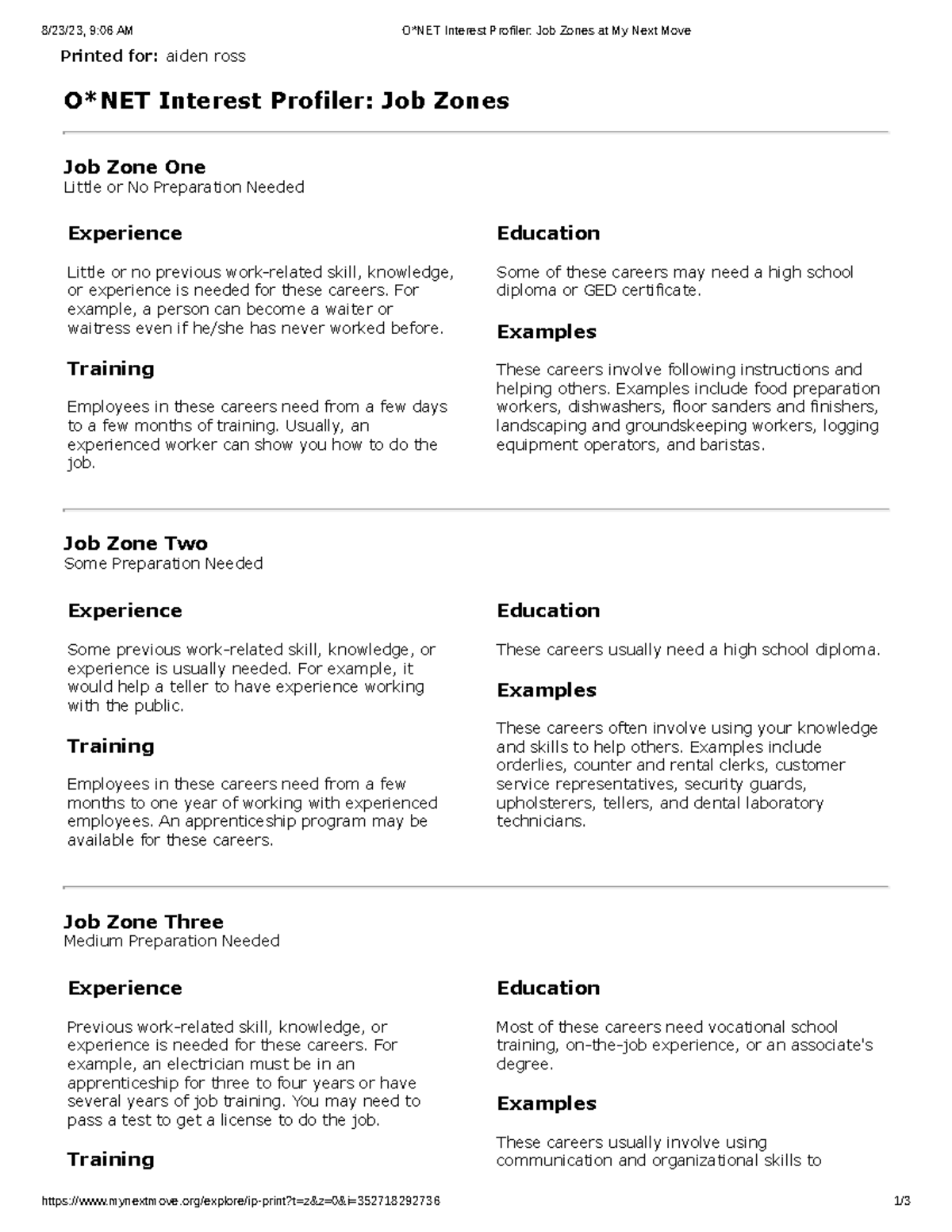 O NET Interest Profiler Job Zones at My Next Move - 8/23/23, 9:06 AM O ...