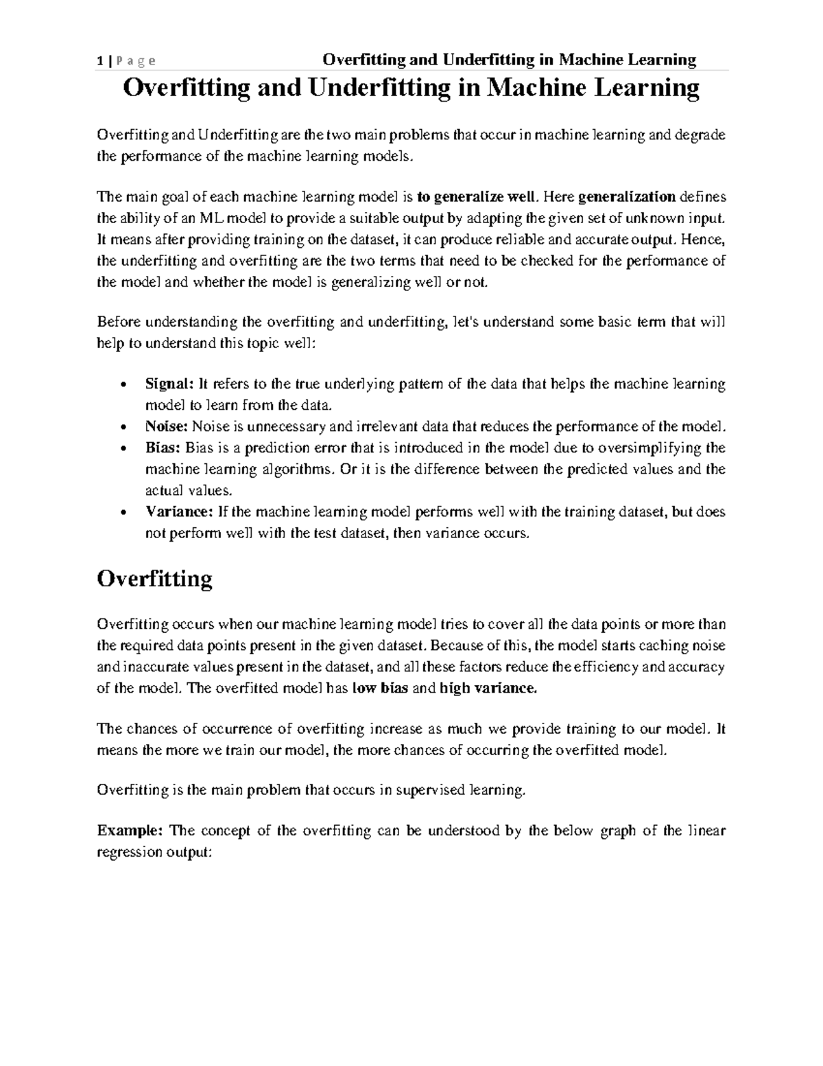 Overfitting and Underfitting in Machine Learning - 1 | P a g e ...