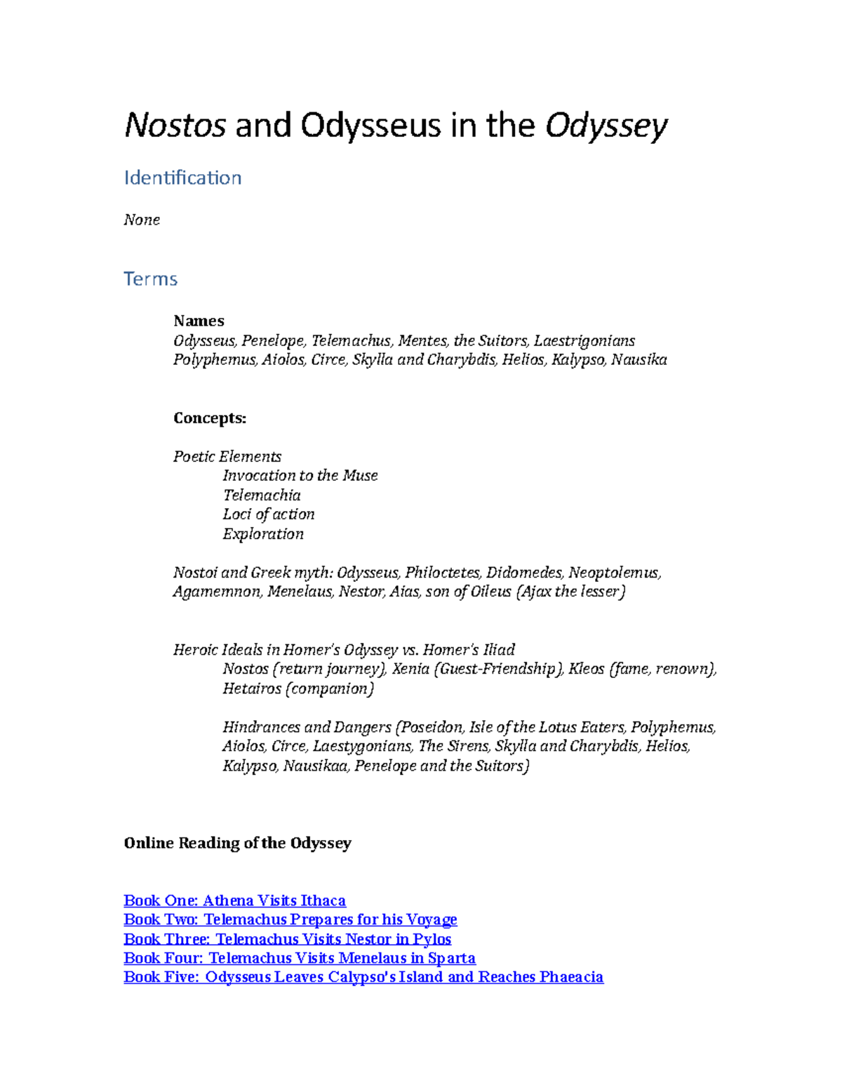 Worksheet Odyssey - Nostos and Odysseus in the Odyssey Identification ...