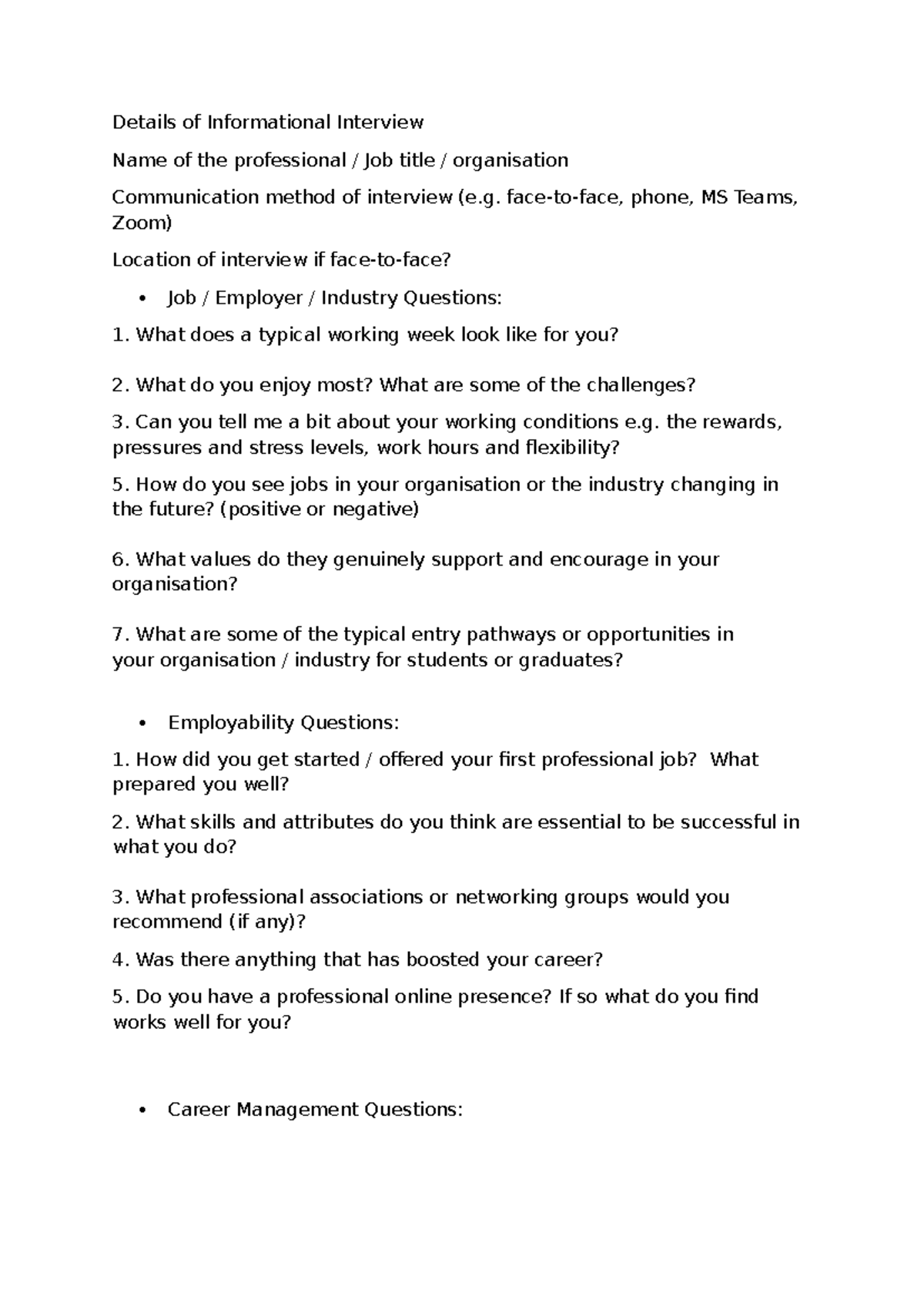 Informational Interview details - Details of Informational Interview Name of the professional ...