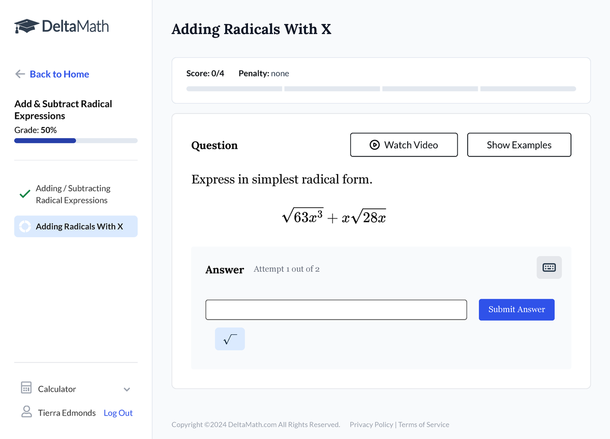 Delta Math Student Application - Adding Radicals With X Score: 0/4 ...