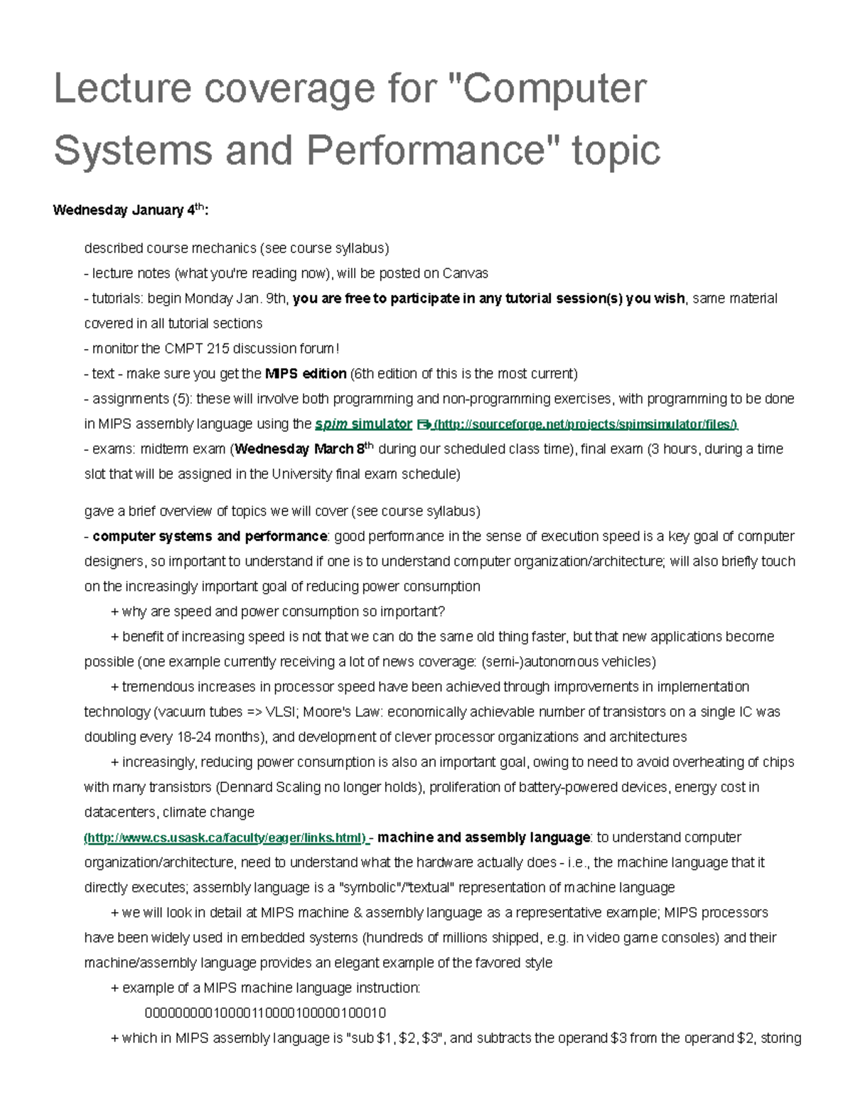 CPMT 215 Lecture Notes - Lecture coverage for "Computer Systems and ...