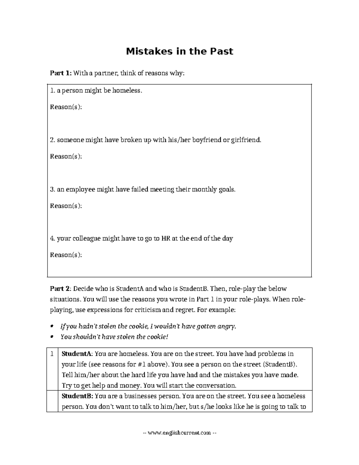 Mistakes in past role plays esl - Mistakes in the Past Part 1: With a ...