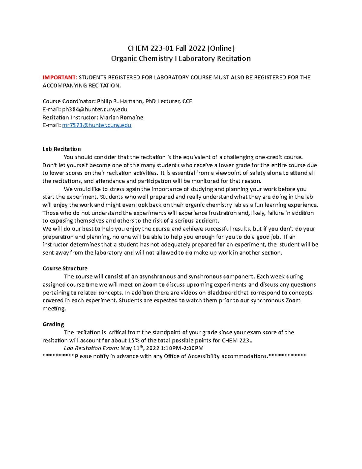 CHEM223 Recsyl - Recitation - CHEM 223-01 Fall 2022 (Online) Organic ...