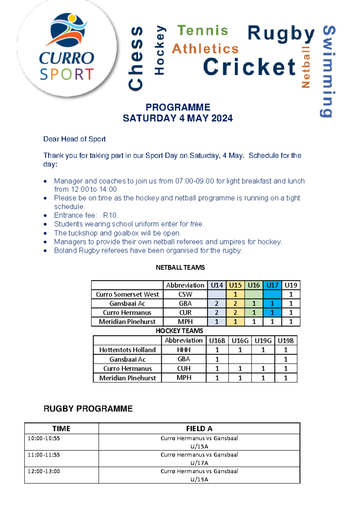 Netball, Hockey and Rugby Programme 4 May-2 - PROGRAMME SATURDAY 4 MAY ...