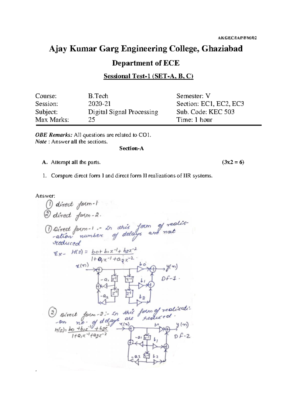 Solution Digital Signal Processing SET A, B, C KEC 503, 2020-21 - AKGEC/IAP/FM/ Ajay Kumar Garg ...