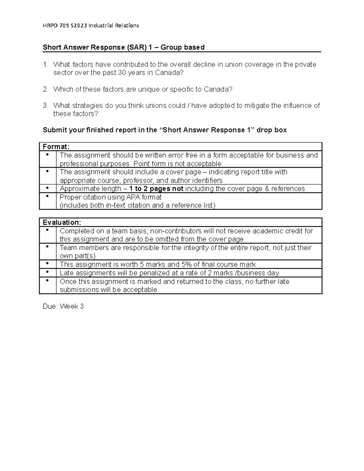 Short Answer Response 1FS2023 - HRPD 709 S2023 Industrial Relations ...