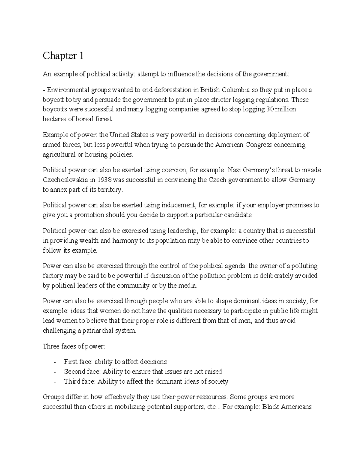 Summary - Chapter 1 An example of political activity: attempt to ...