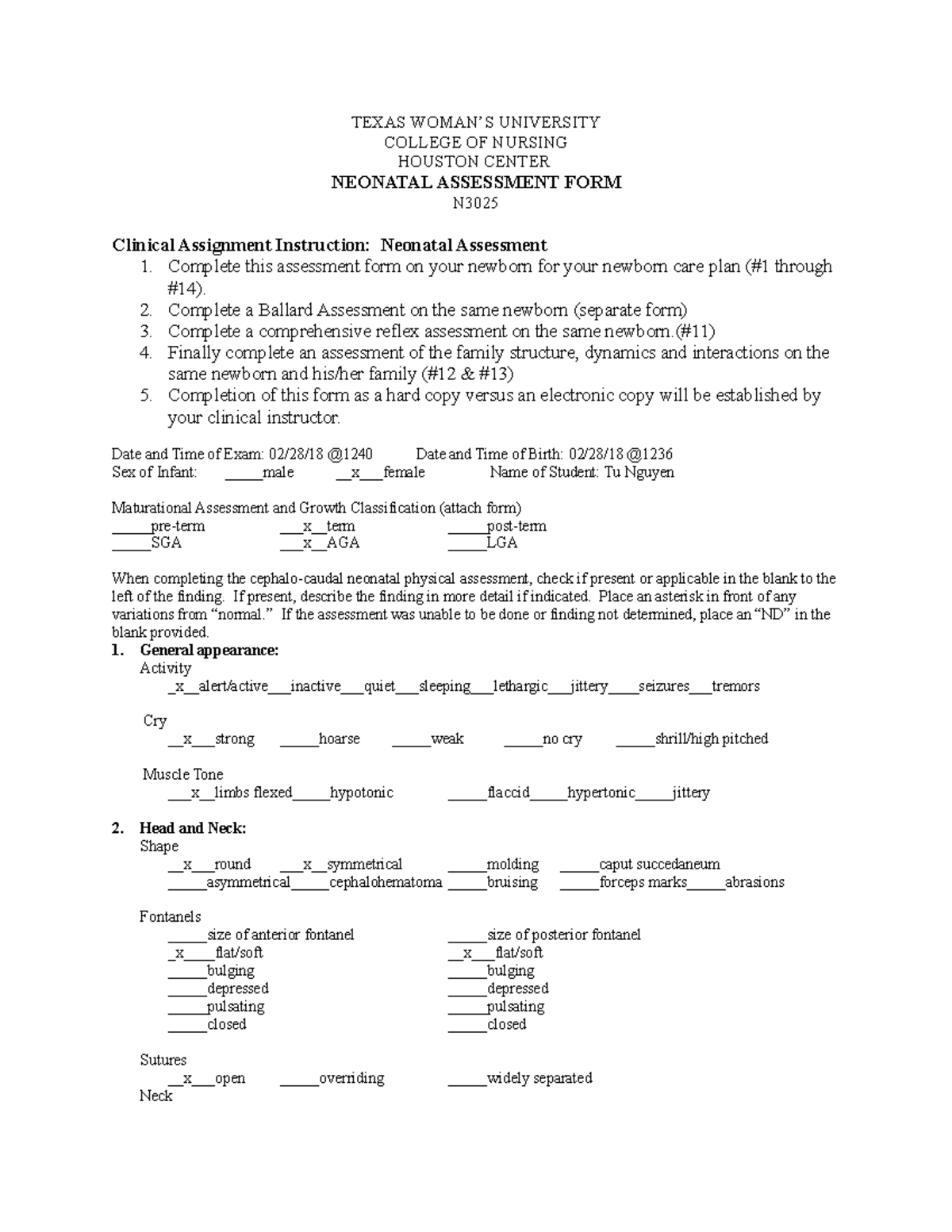 Neonatal assessment - TEXAS WOMAN’S UNIVERSITY COLLEGE OF NURSING ...