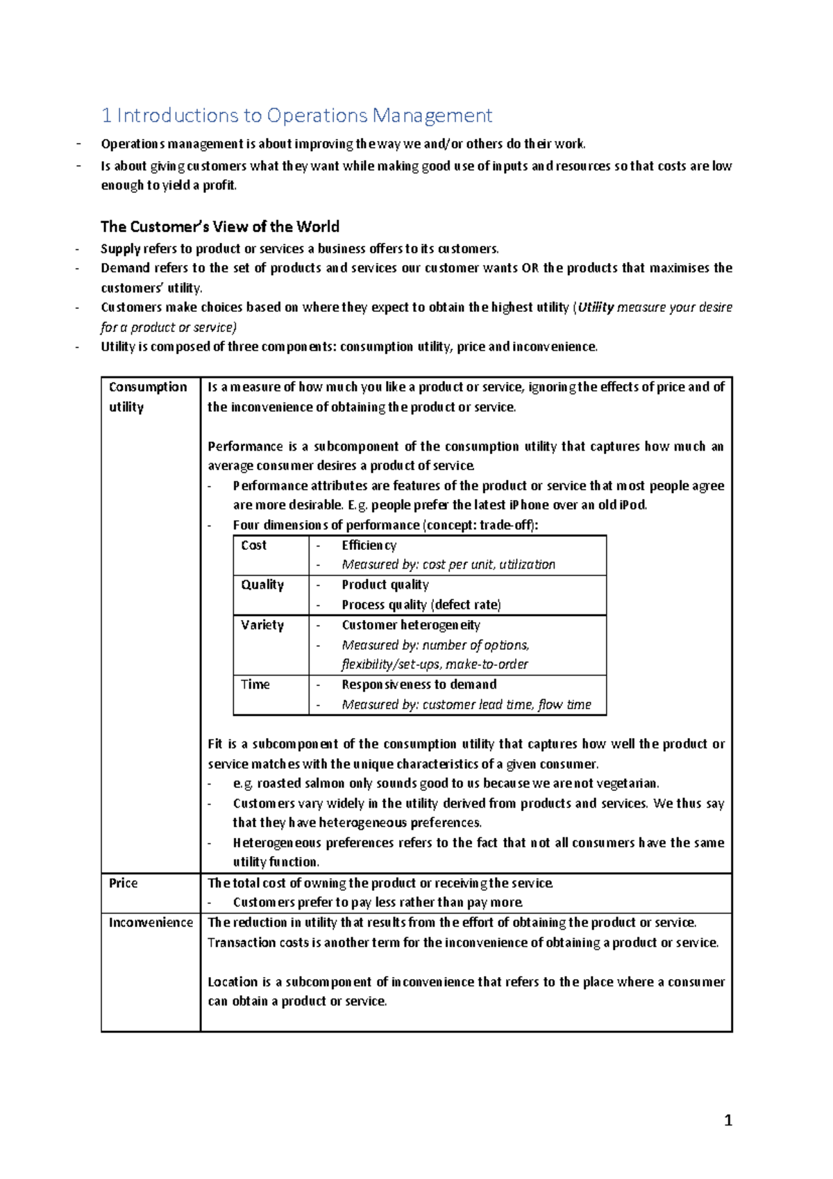 BE1401 Content bible part 1 - 1 Introductions to Operations Management ...