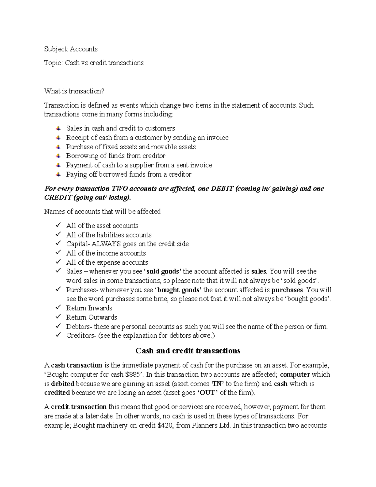 3rd for cash and credit transactions - Subject: Accounts Topic: Cash vs ...