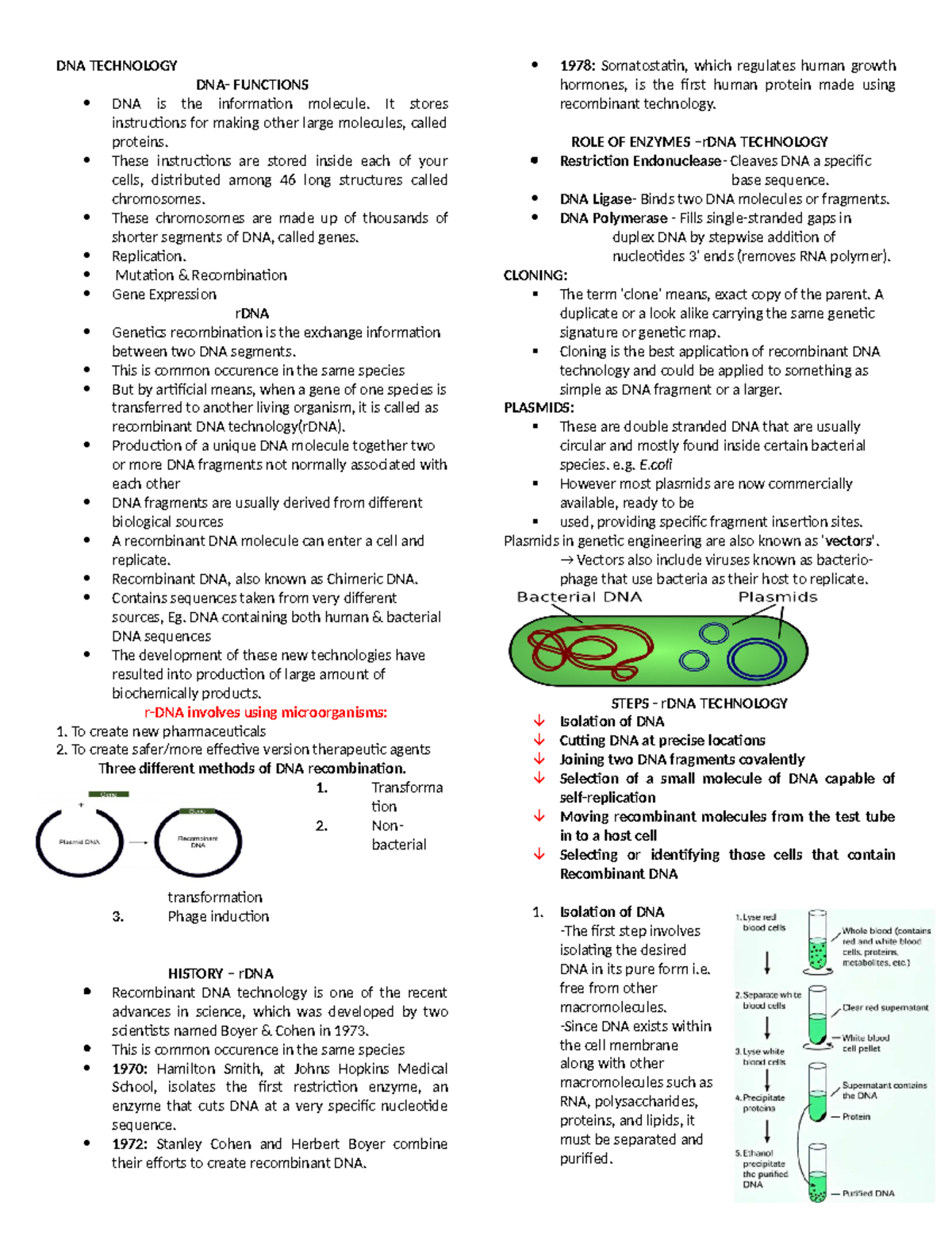 CYTO- Finals Notes - DNA TECHNOLOGY DNA- FUNCTIONS DNA is the ...