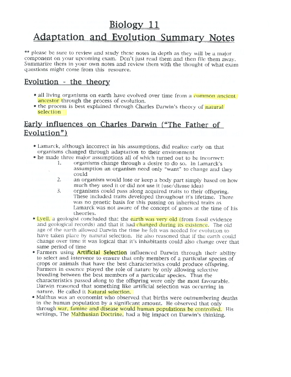 Adaption evolution summary notes - Studocu