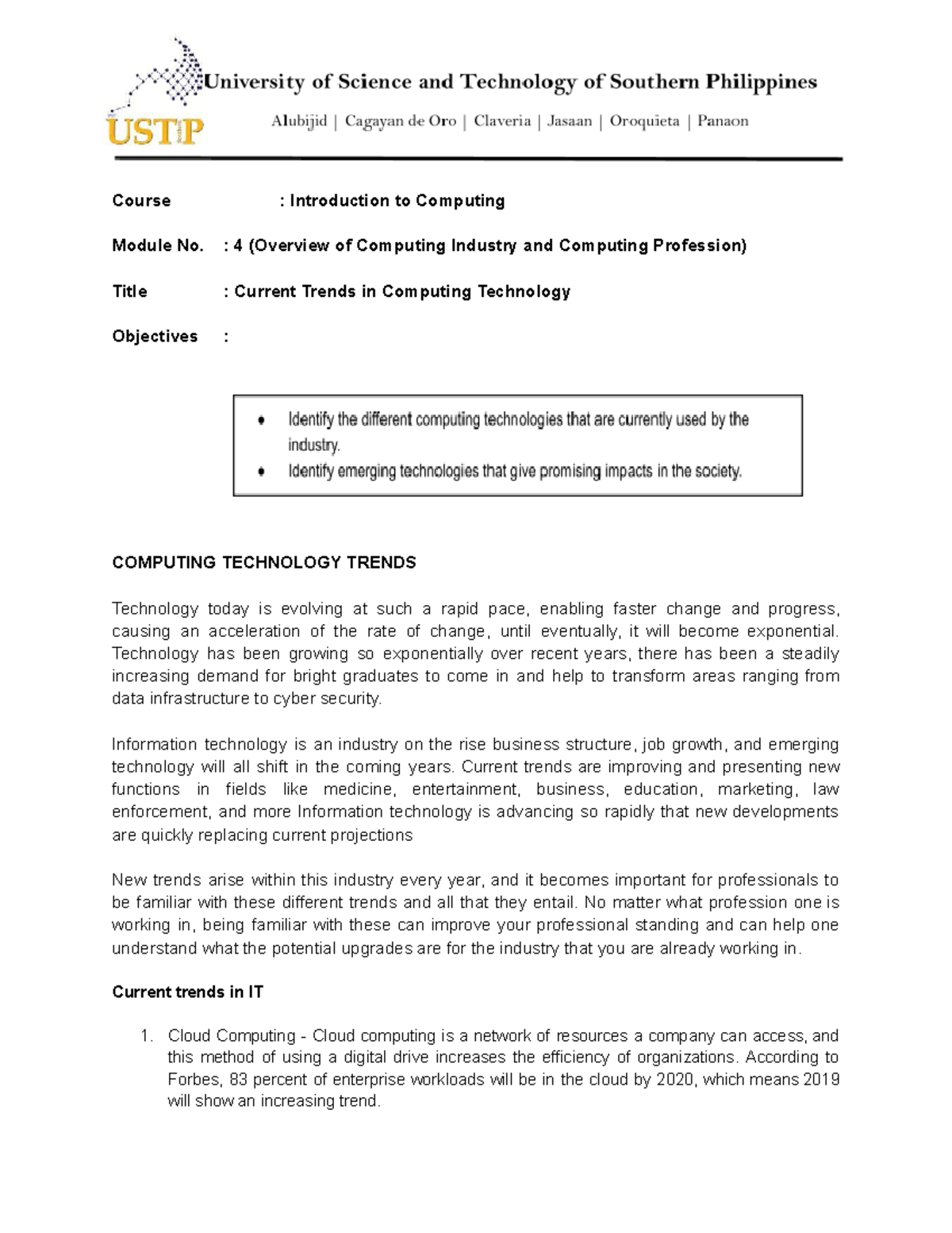 Current Trends in Computing Technology - Course : Introduction to ...