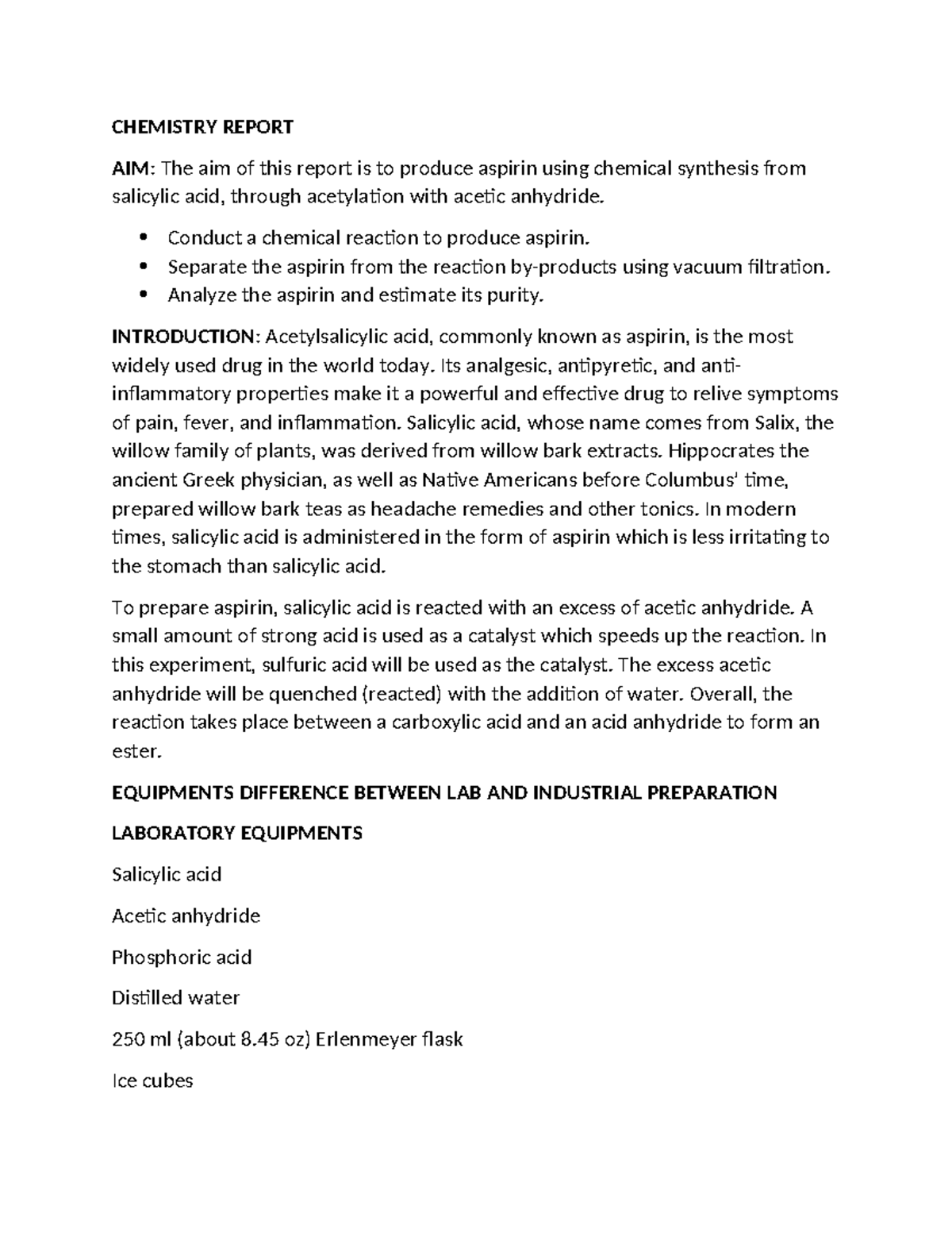 Chemistry Report - CHEMISTRY REPORT AIM: The aim of this report is to ...