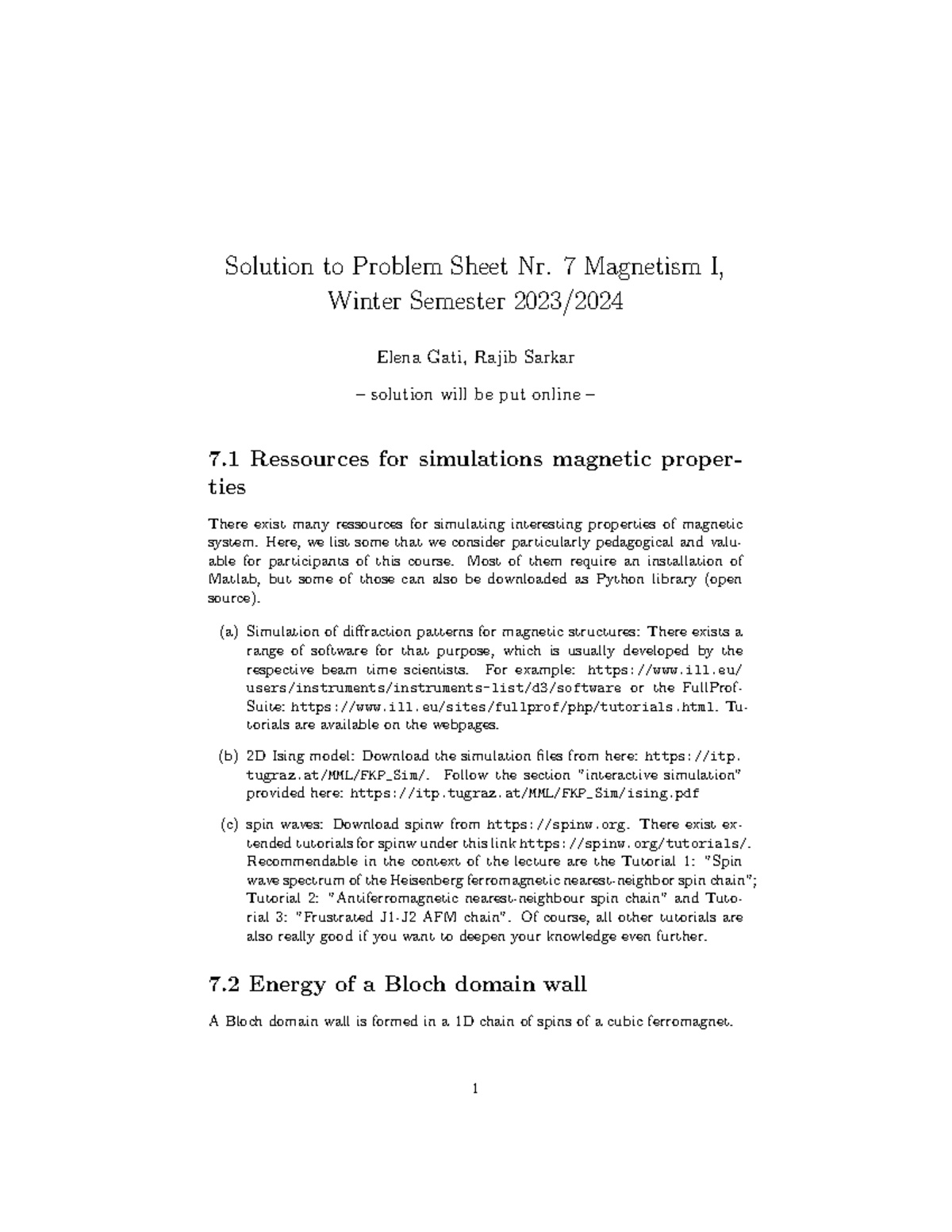 Solution-sheet 7 - Solution to Problem Sheet Nr. 7 Magnetism I, Winter Semester 2023/ Elena Gati ...