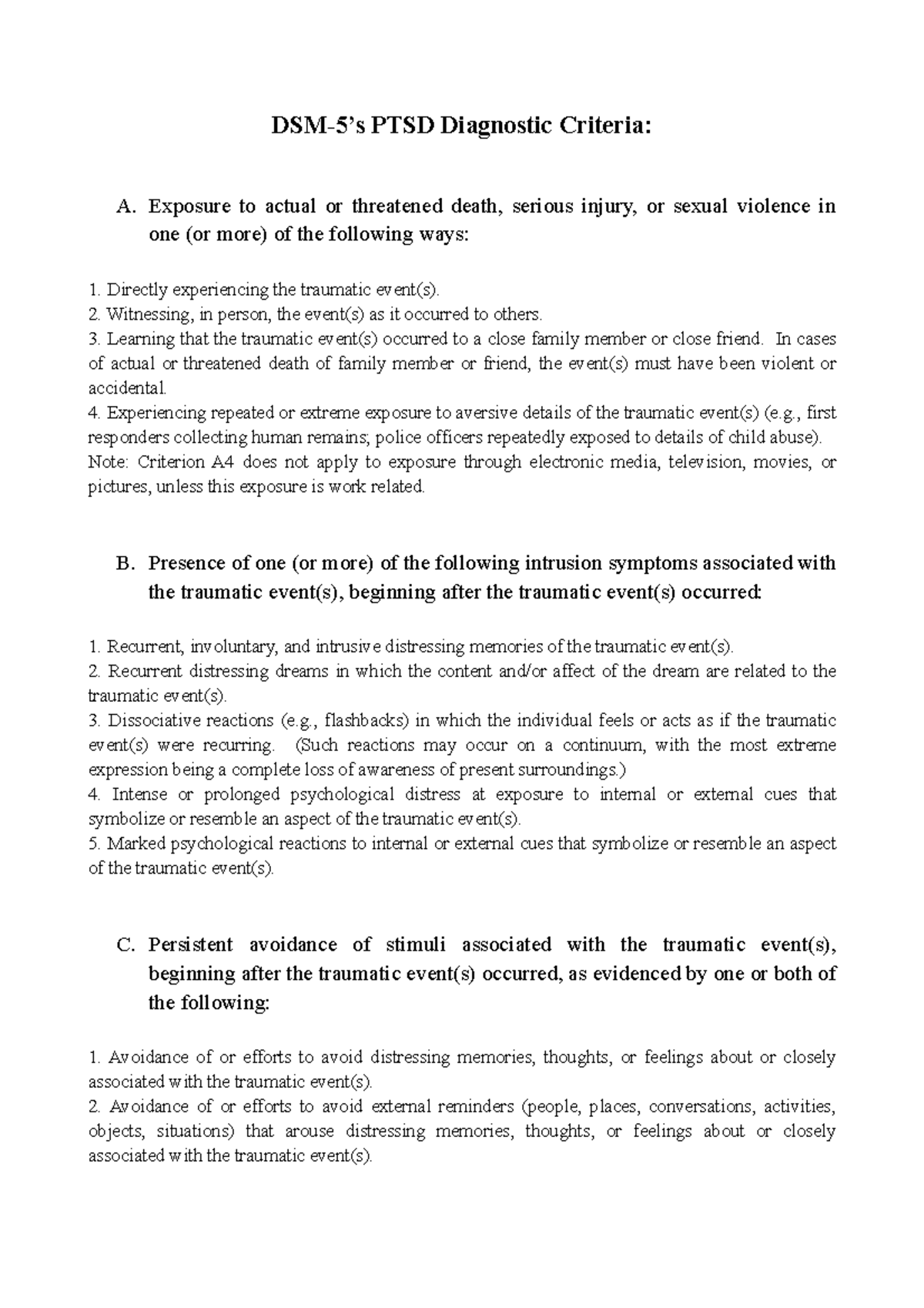 Copia Di DSM 5 s PTSD Diagnostic Criteria DSM 5 s PTSD Diagnostic