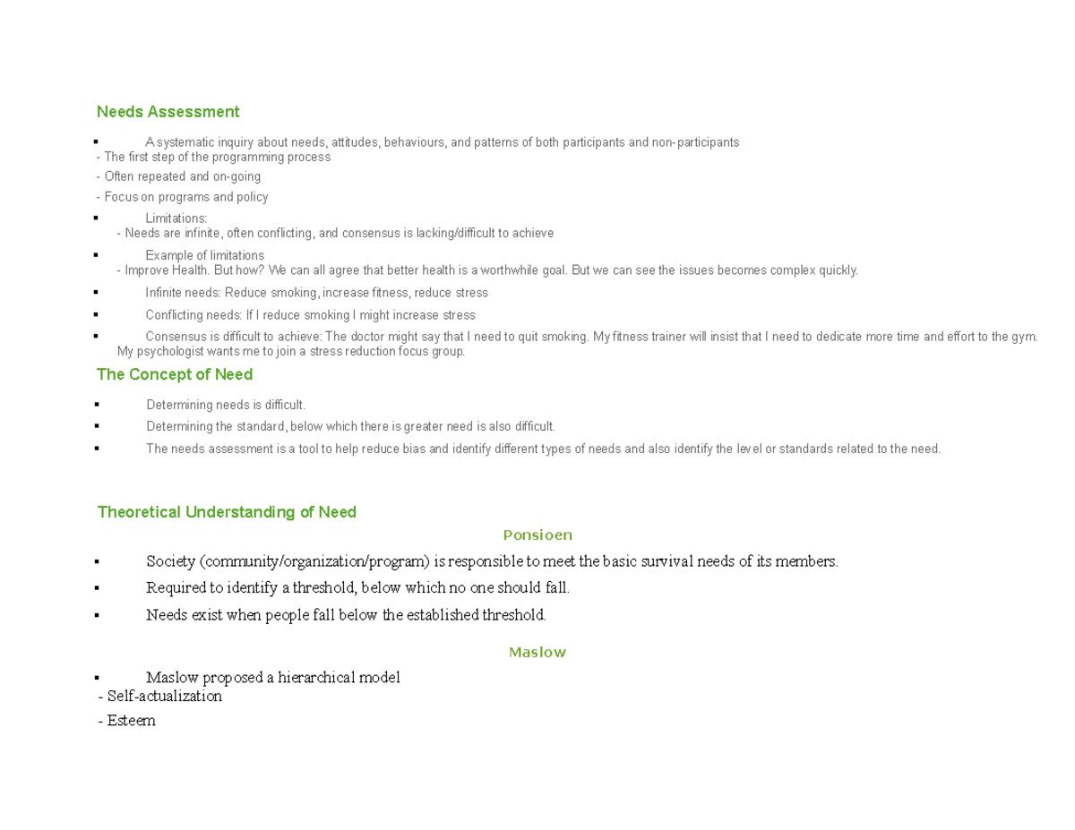 260 lesson 2 - Lecture notes 2 - Needs Assessment A systematic inquiry ...