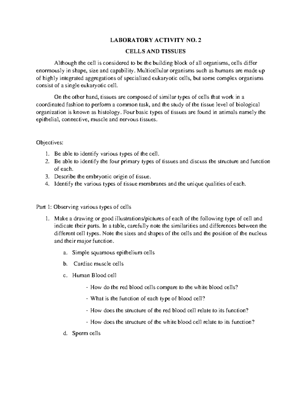 2 Cells AND Tissues - Connected to the topic - LABORATORY ACTIVITY NO ...