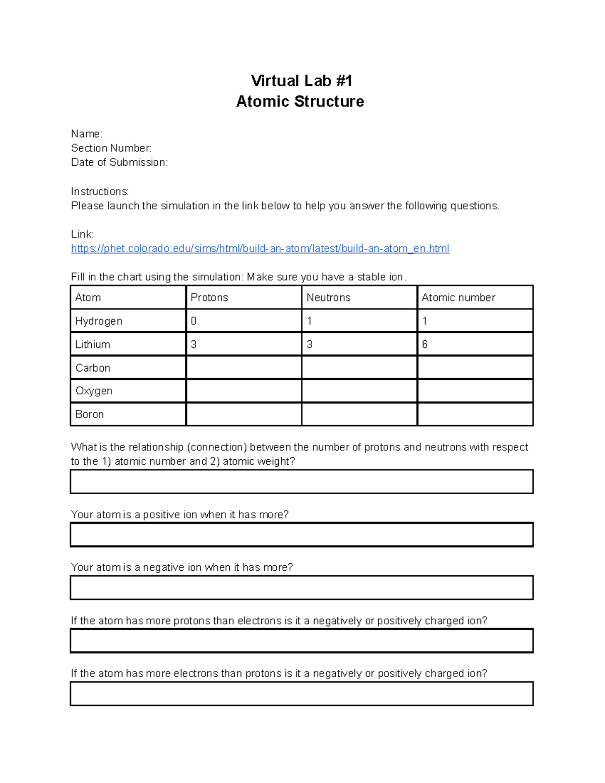 Virtual Lab 1 Atomic Structure - Virtual Lab Atomic Structure Name ...