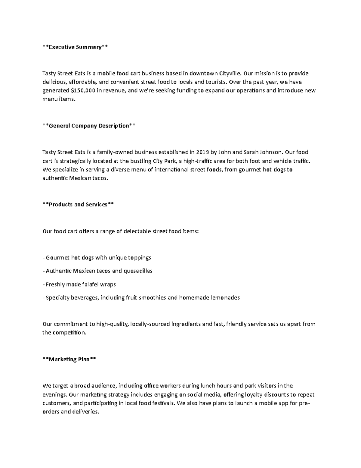 Business Plan - Executive Summary Tasty Street Eats is a mobile food ...