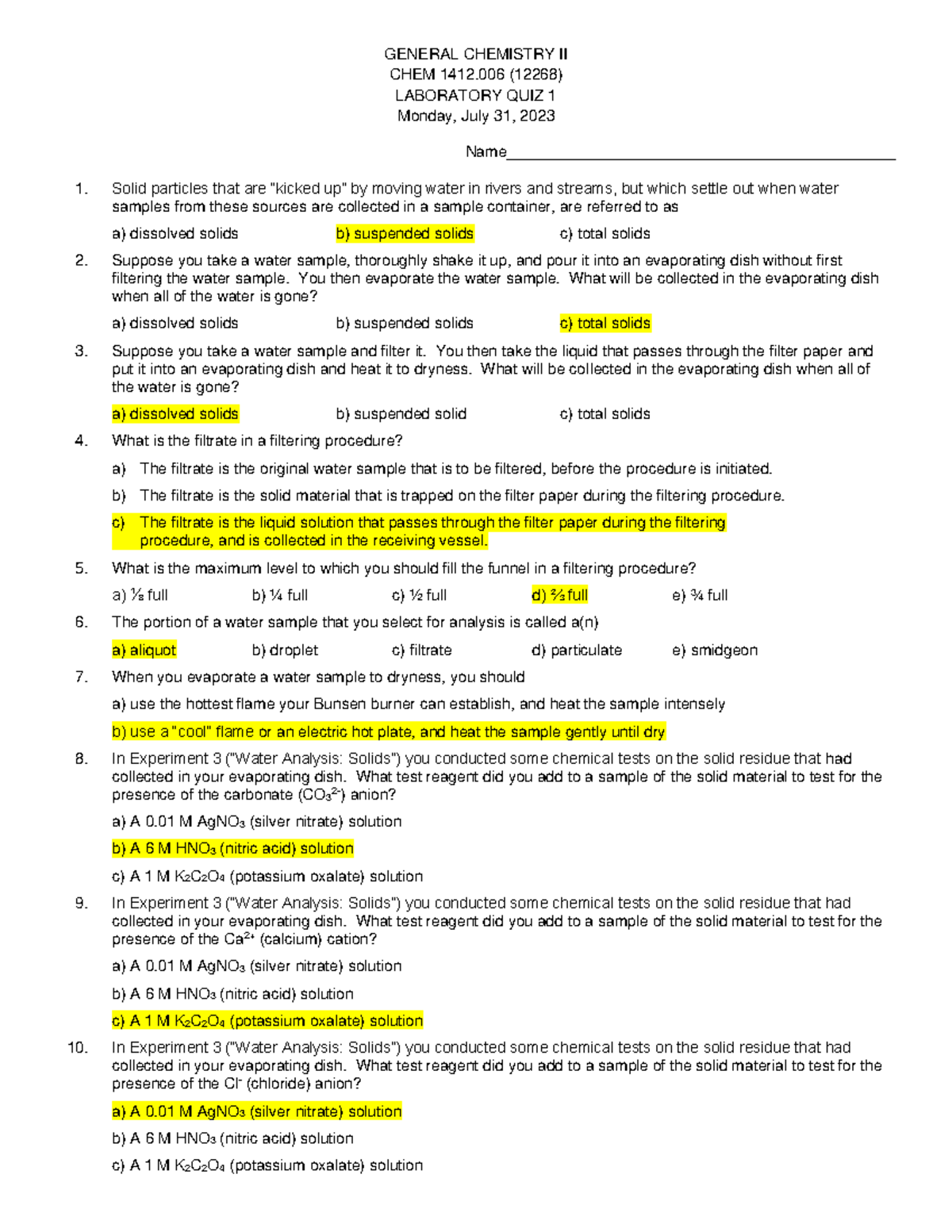 Lab Quiz 1 Sample 1412 006 12268 - Answers - GENERAL CHEMISTRY II CHEM ...