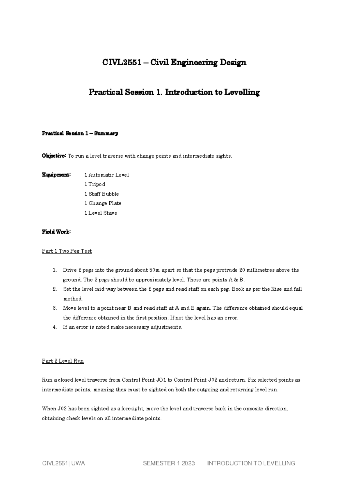 1-Introduction to Levelling Prac 1 Semester 1 2023 - CIVL2551| UWA ...