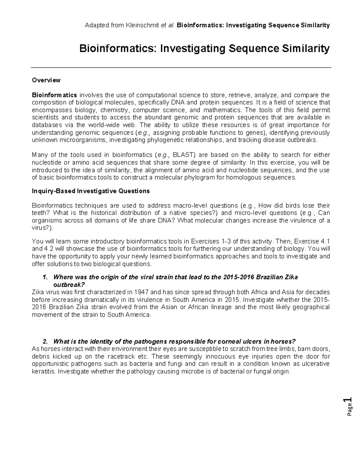 Bioinformatics Lab Manual - Bioinformatics: Investigating Sequence Similarity Overview - Studocu