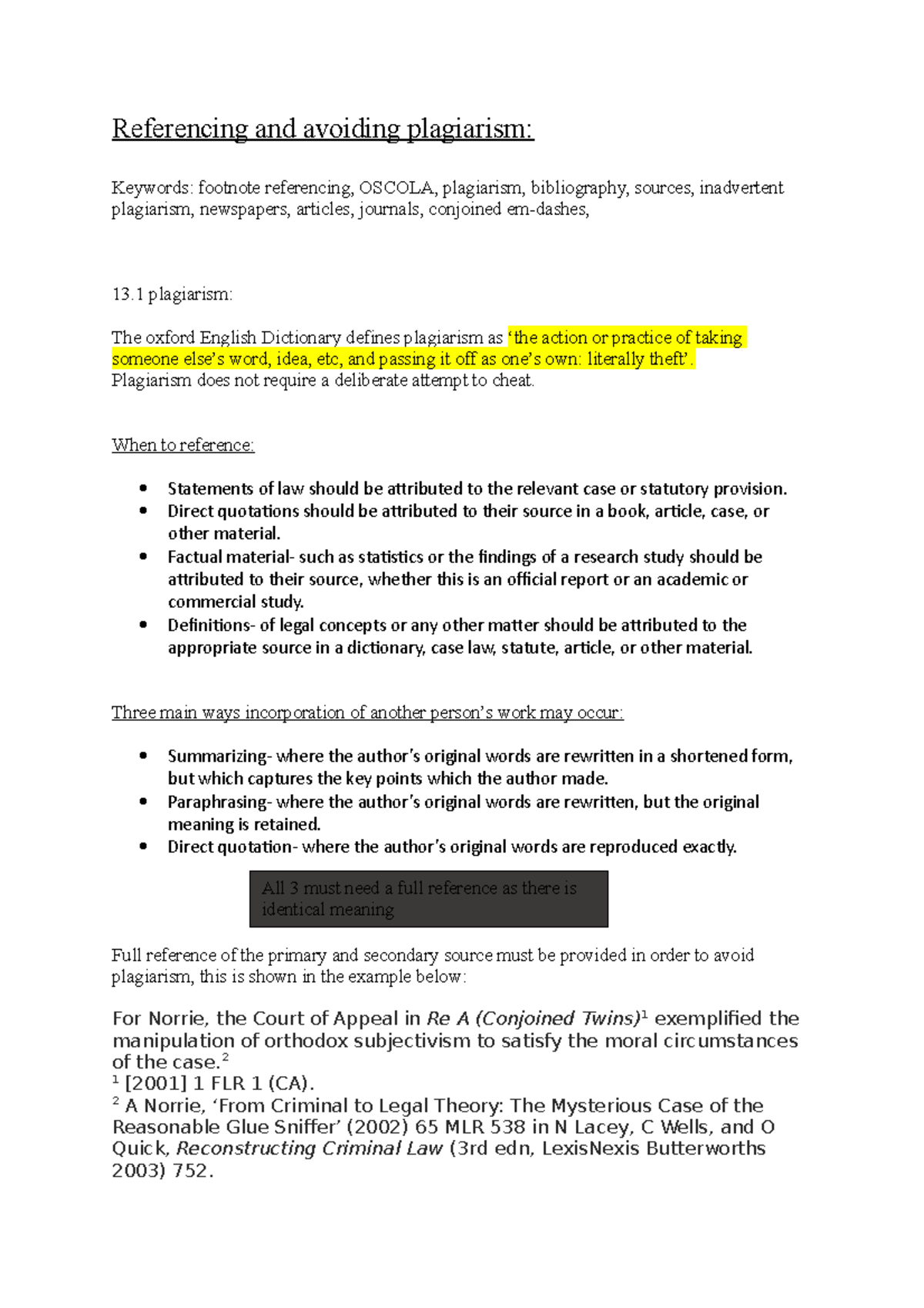 Oscola notes - Referencing and avoiding plagiarism: Keywords: footnote ...
