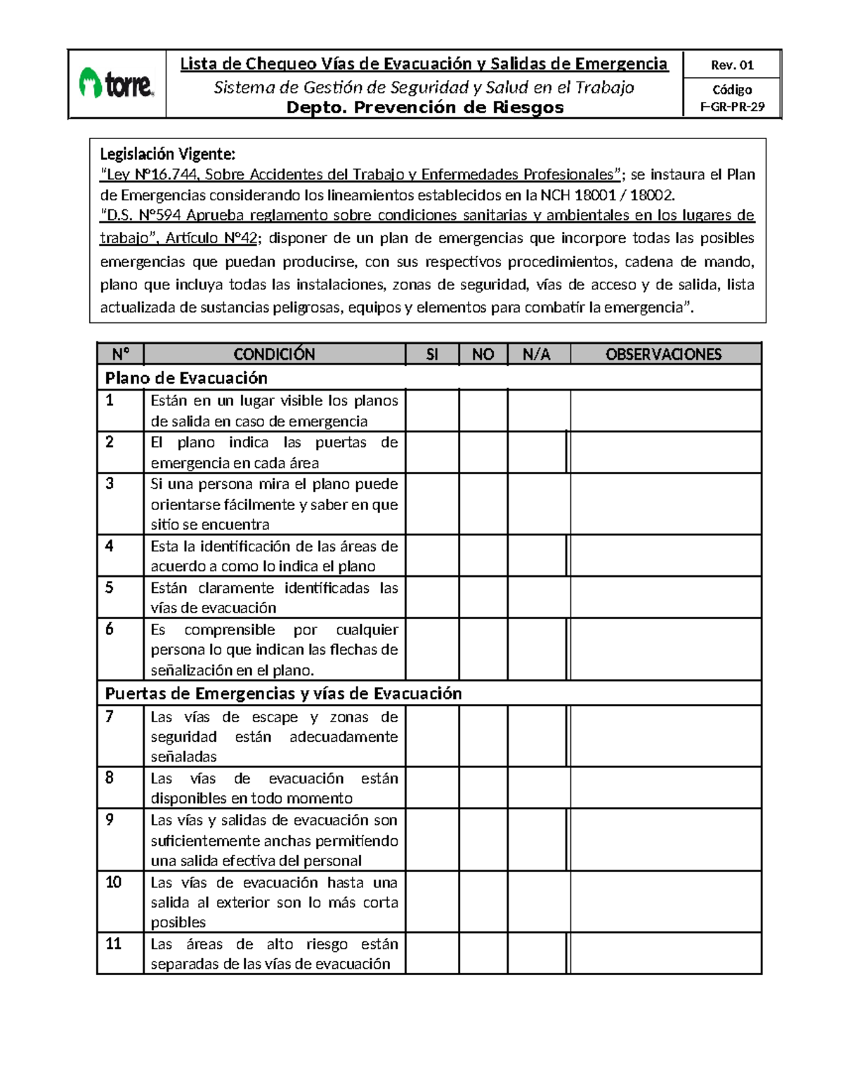 F-GR-PR-29 Lista Chequeo Vías de Evacuación y Salidas de Emergencia ...