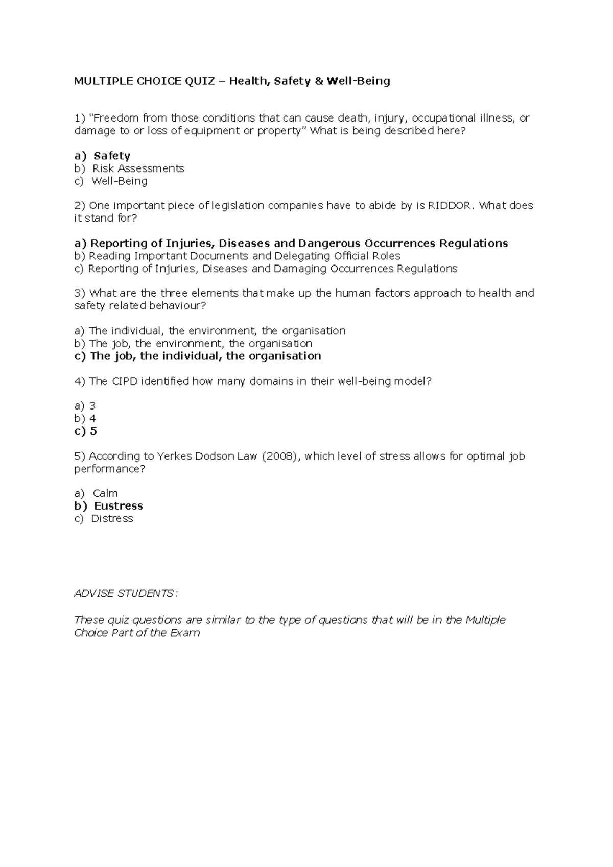 Multiple Choice QUIZ - Health, Safety Well-Being - MULTIPLE CHOICE QUIZ ...