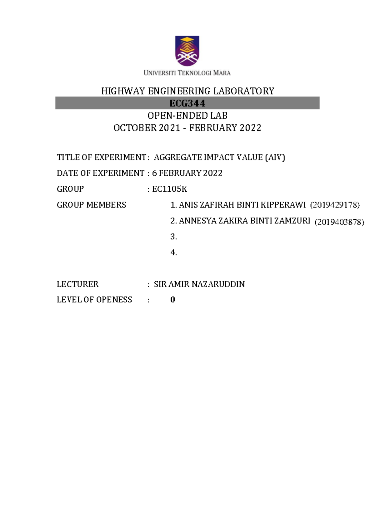 LAB Report Aggregate Impact Value (AIV) - HIGHWAY ENGINEERING ...