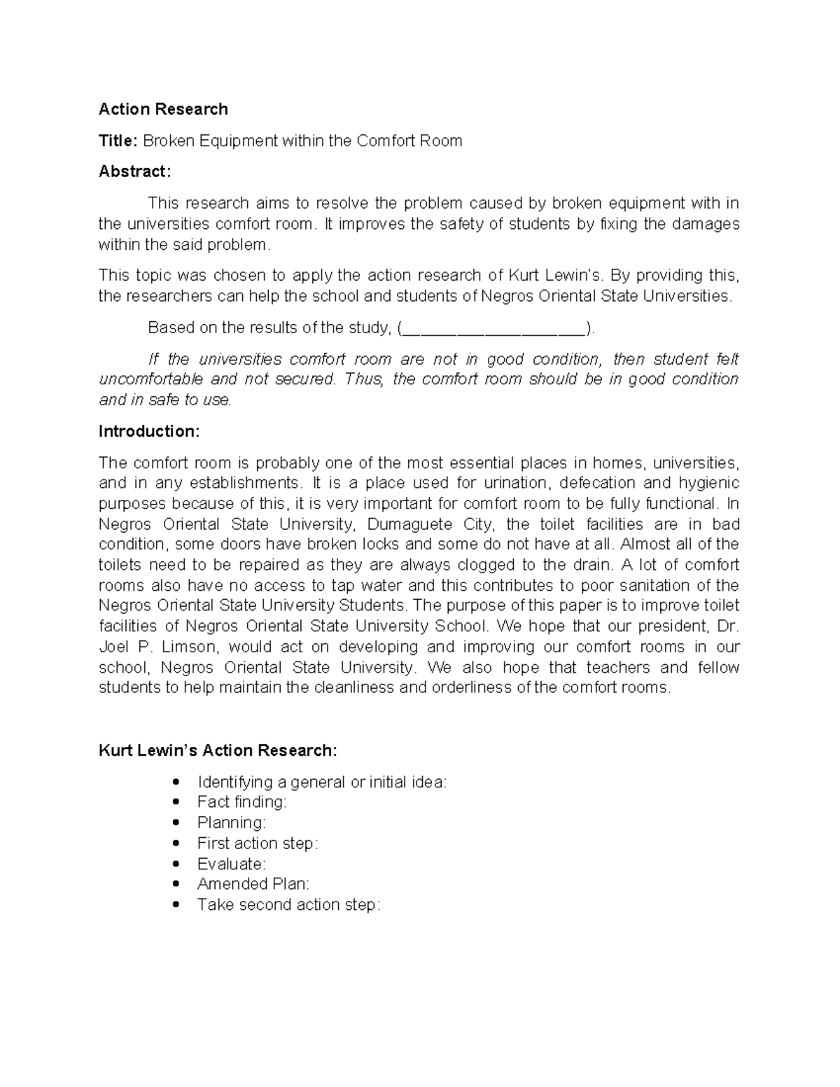 Action Research - Action Research Title: Broken Equipment within the ...