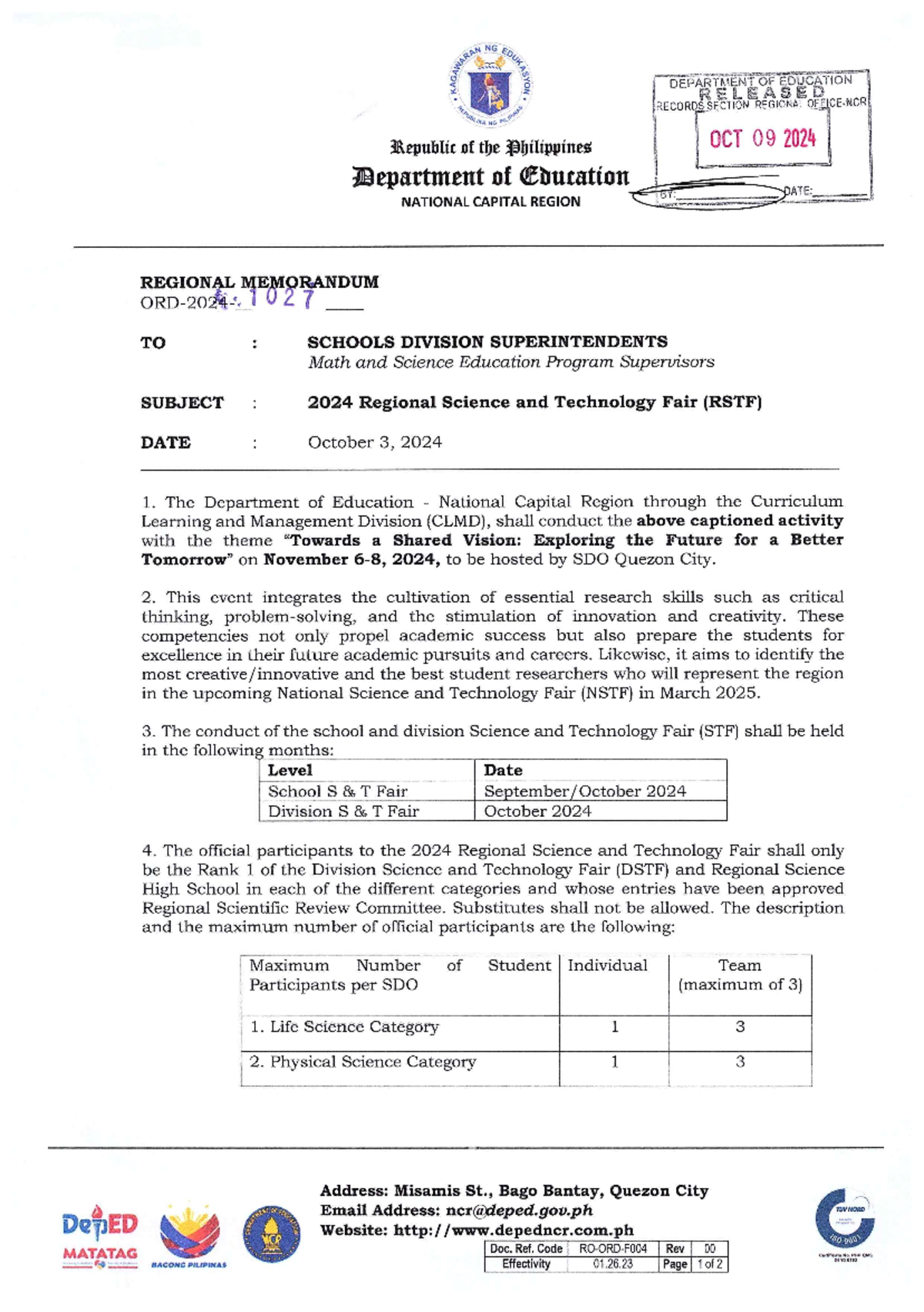 RSTF - Rtffsa - NG DEPARTMENT OF EDUCATION RELEASED RECORDS SECTION ...