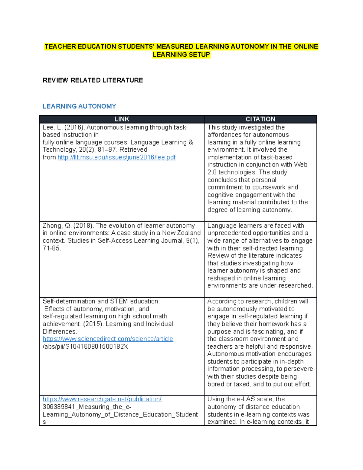 RRL - PLS - TEACHER EDUCATION STUDENTS’ MEASURED LEARNING AUTONOMY IN ...