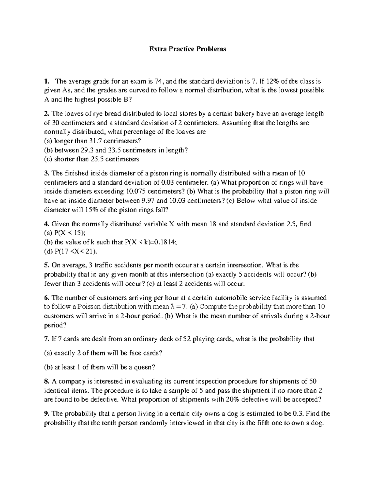IE 230 Extra Practice Problems Exam 2 - Extra Practice Problems The ...