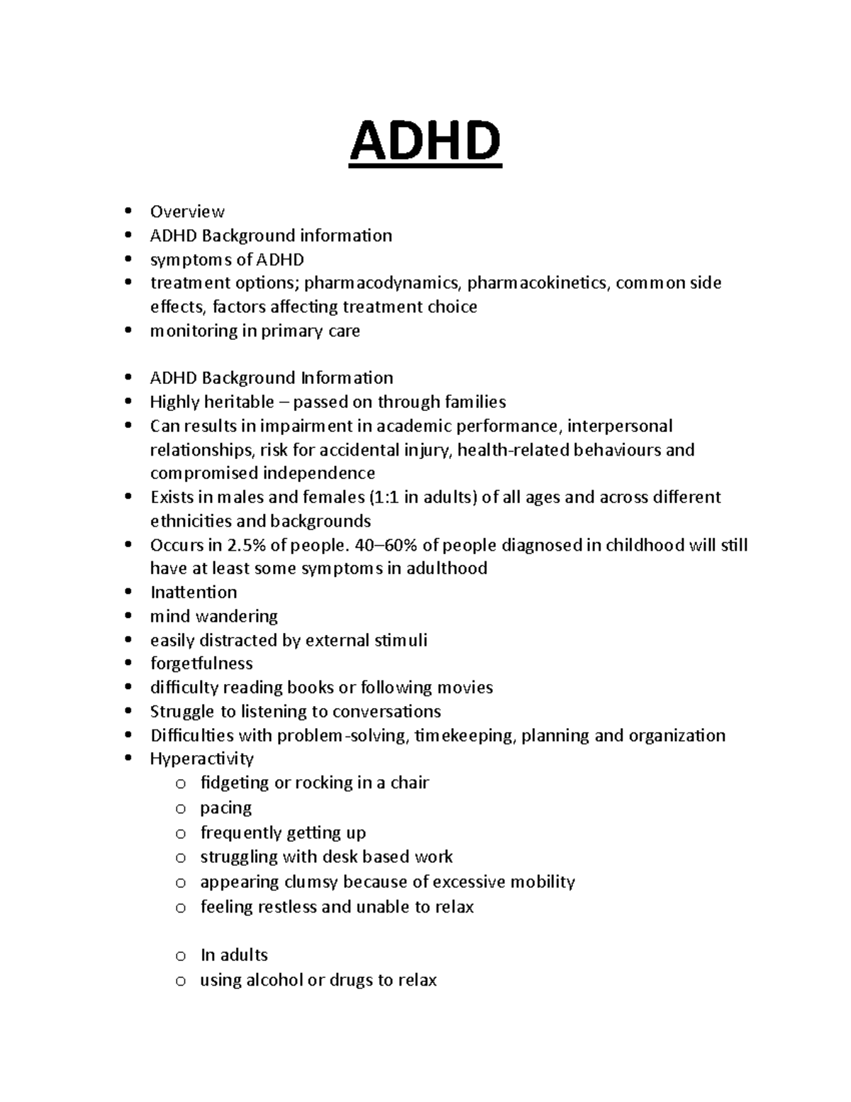 ADHD - PY5050 Lecture notes - The Central Nervous System, Mental Health ...